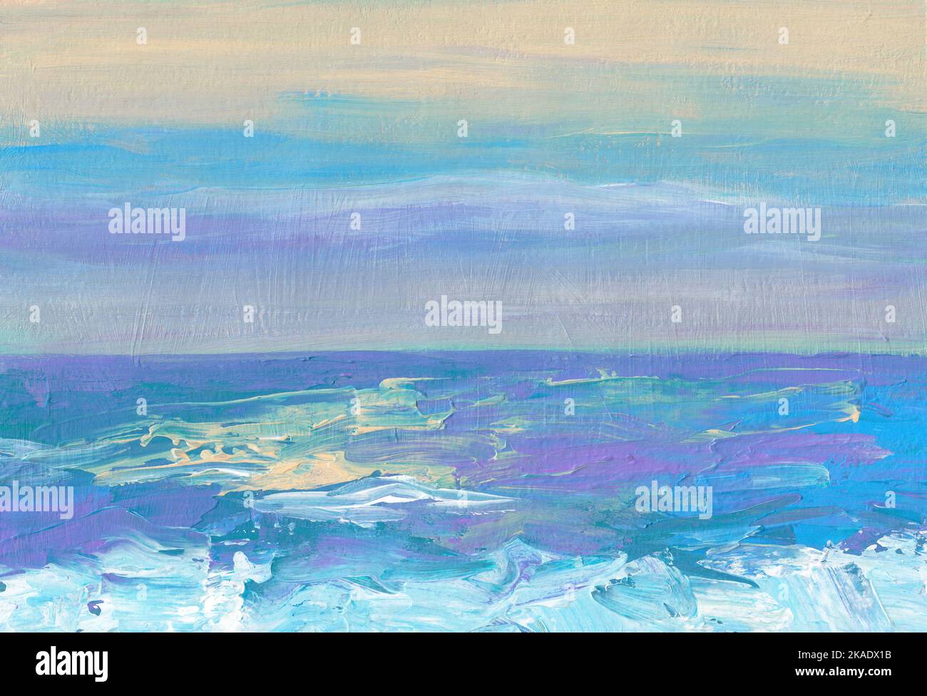 Sea landscape abstract painting. Acrylic pastel seascape art. Sunset on ...