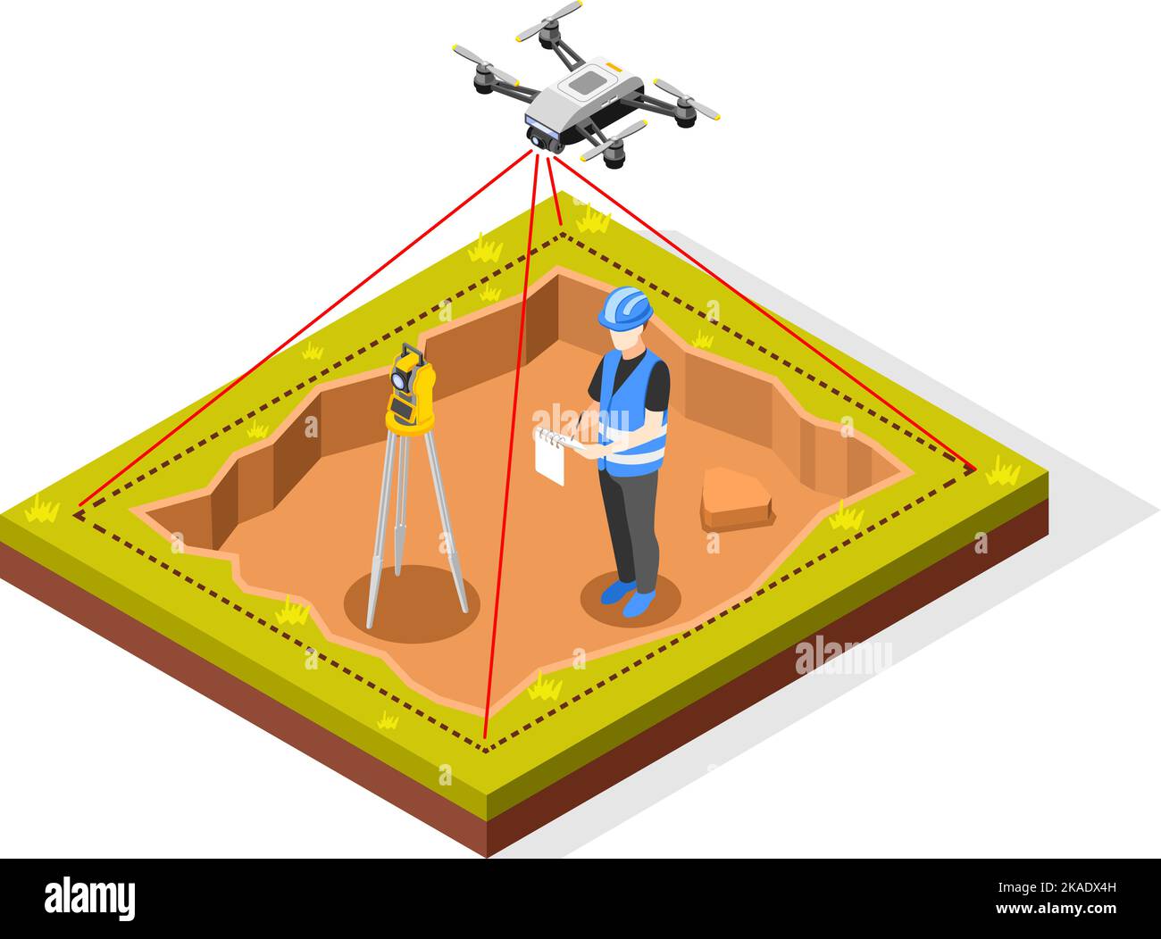 Geodesy isometric composition with view of flying quadcopter with laser ...