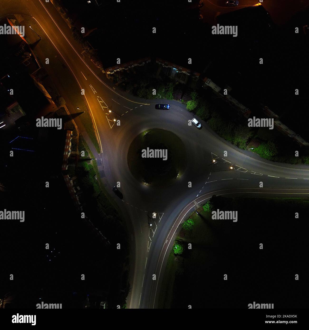 An aerial top view of a road roundabout at night in Taunton, UK Stock ...