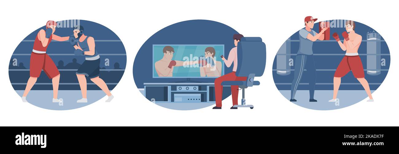 Boxing flat isolated compositions with boxers fighting on arena ...