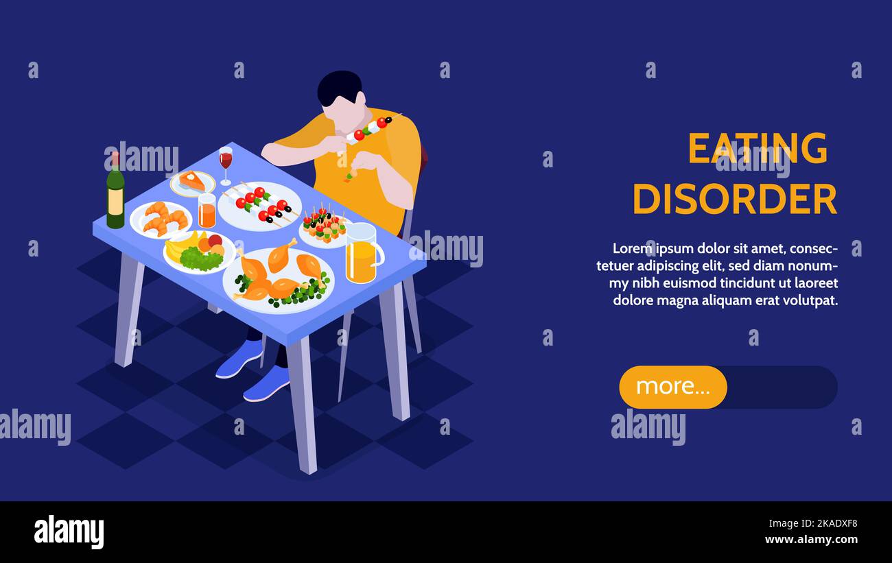 Gluttony horizontal banner with male character eating at table full of ...