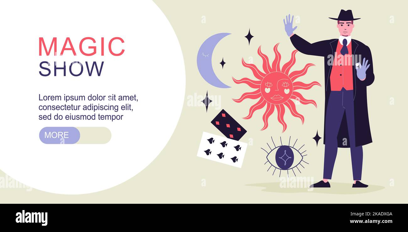 Magic show horizontal banner with flat character of magician and images ...
