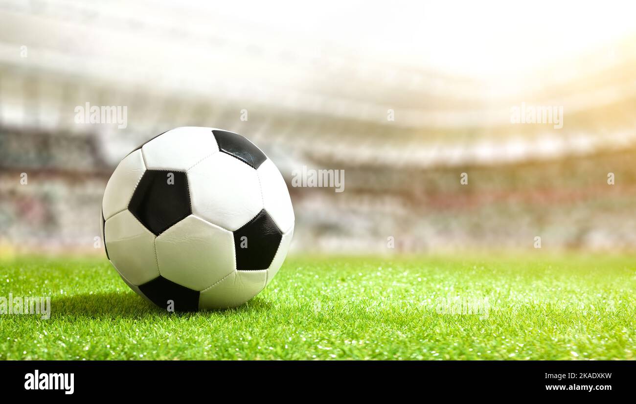 Detail of a Soccer ball on the grass in a soccer stadium. Front view ...