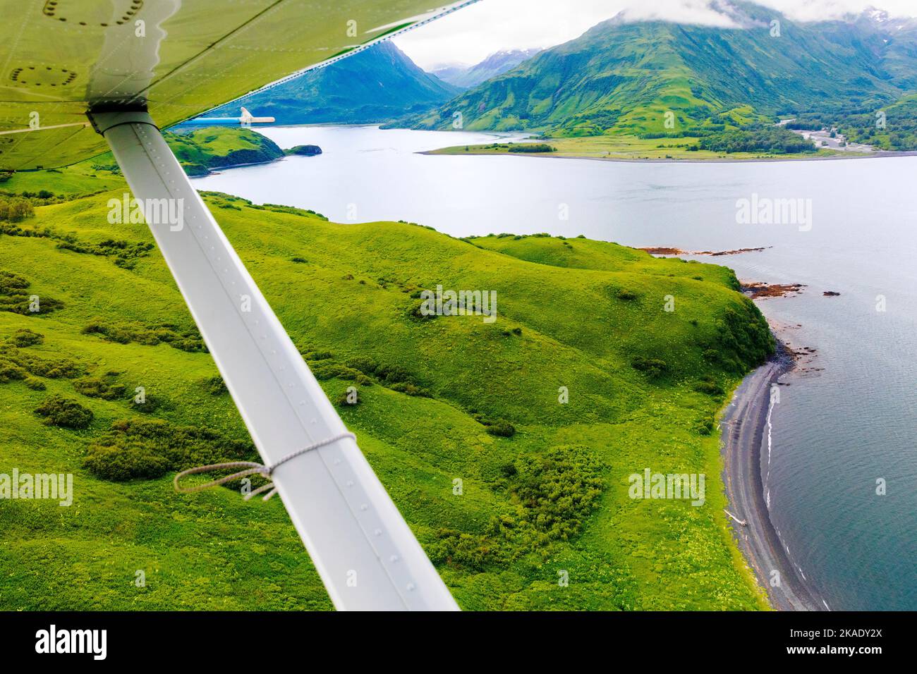 Aerial view of remote Kodiak Island; de Havilland; Beaver; float plane ...