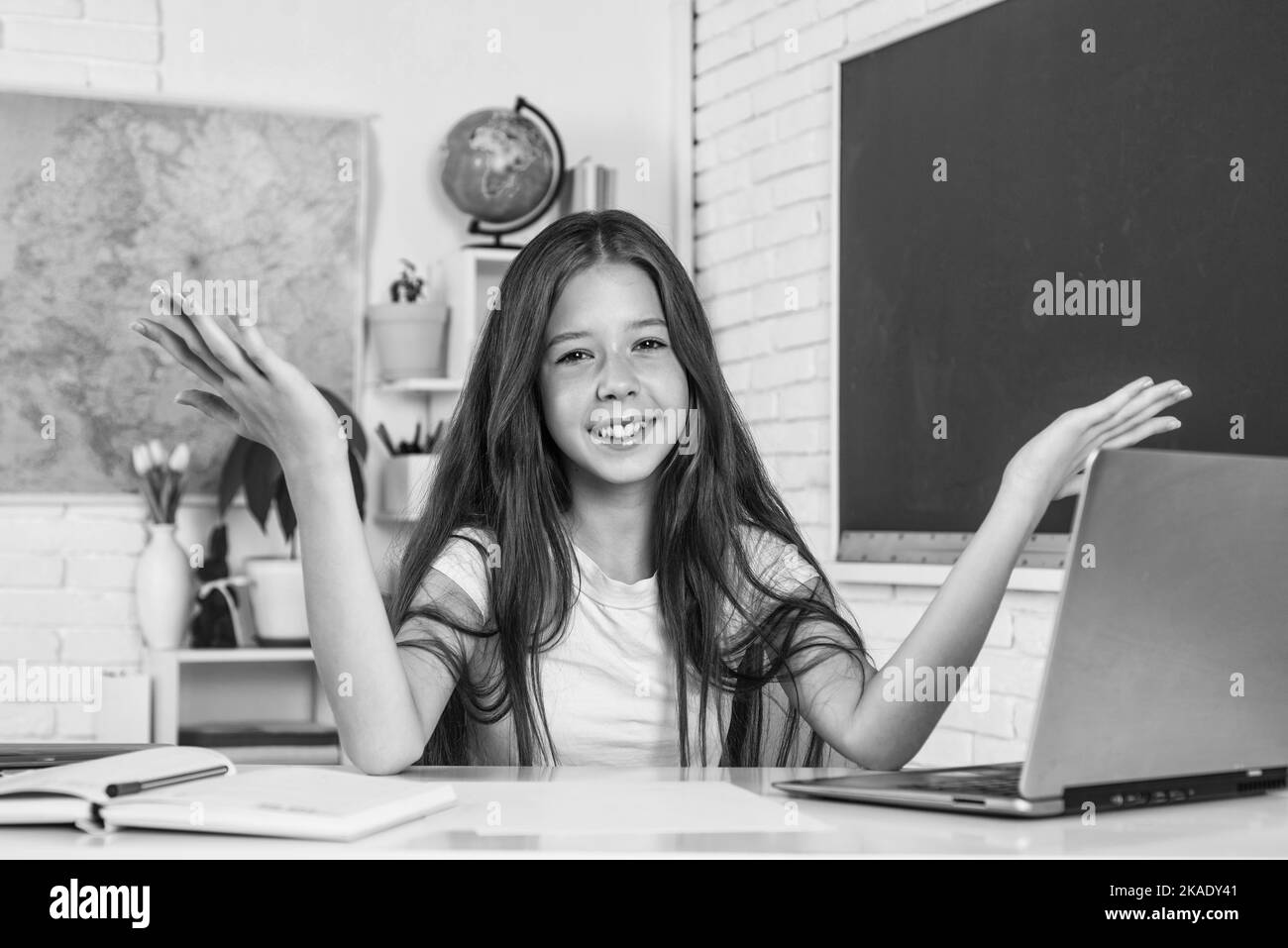 happy child girl study subject on notebook at school, education online ...