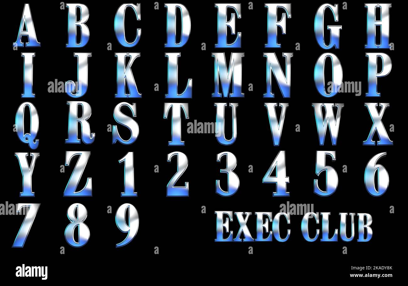 An illustration of a silver alphabet and number font on a gray ...