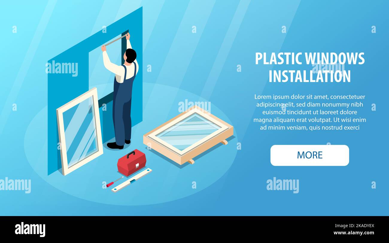 Isometric horizontal web banner with worker installing new plastic windows on blue background 3d ...