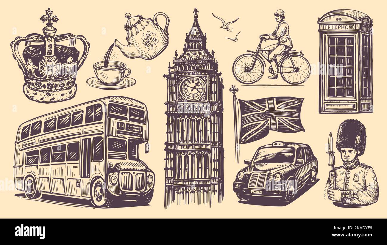 Hand drawn sketch England set. London vector illustration. Great ...