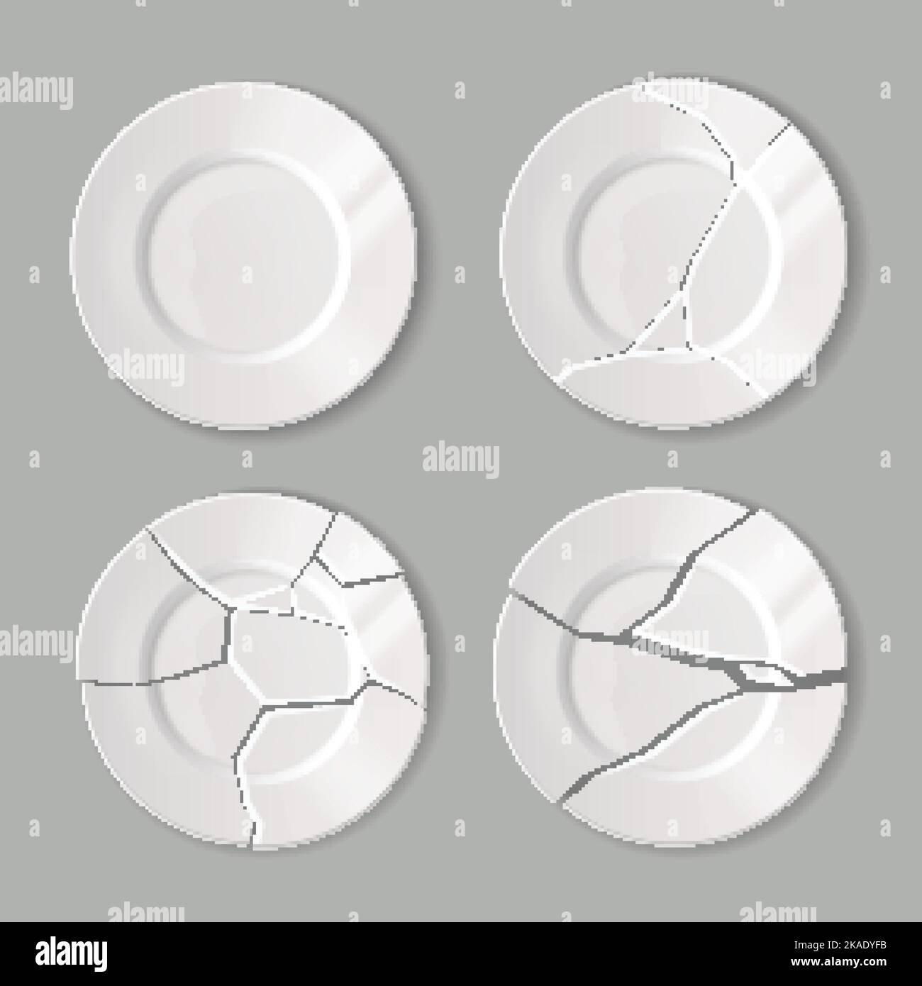 Realistic broken dishware set with isolated unbroken and cracked white ...