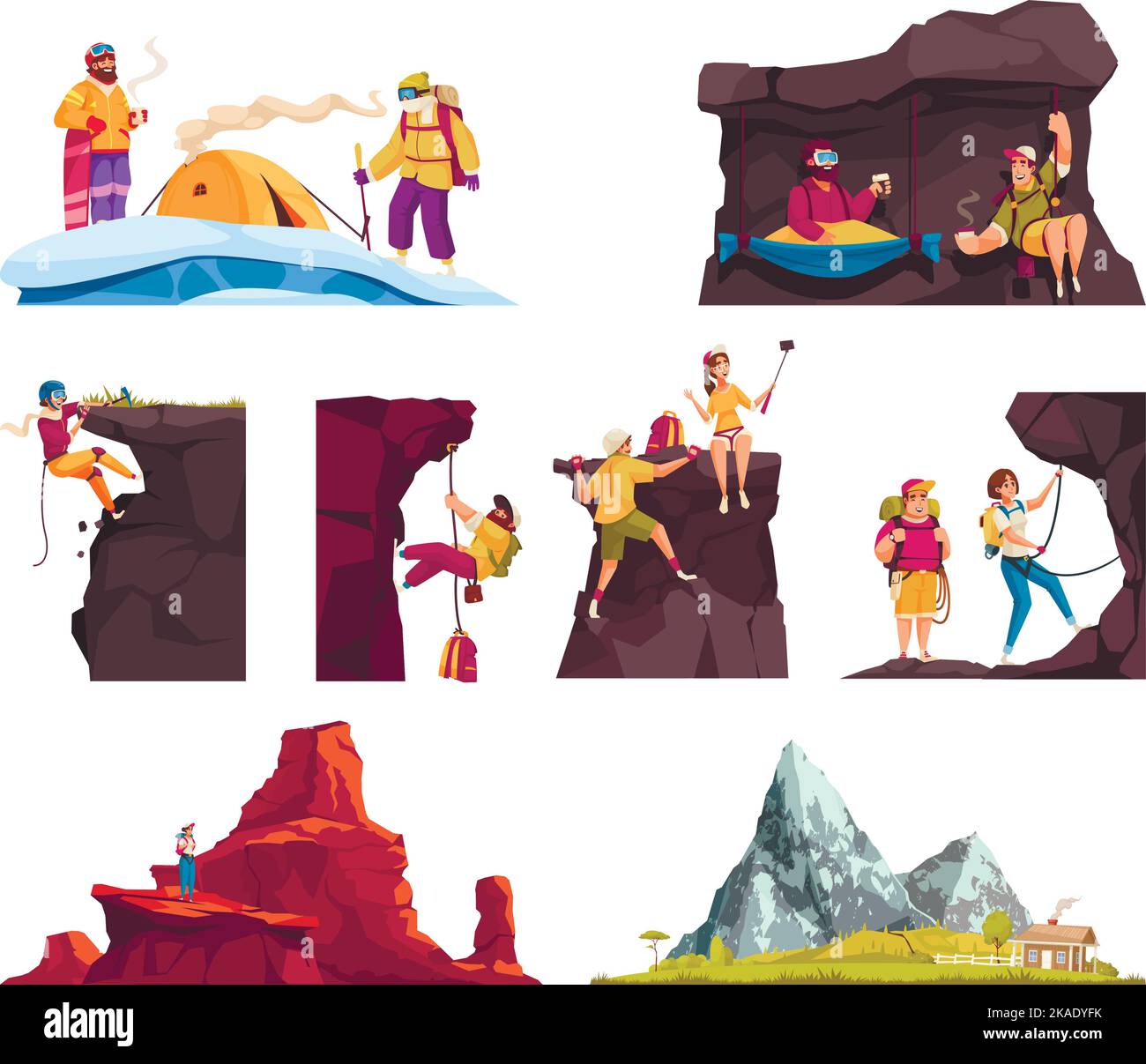 Climber flat compositions set of brave people conquering the peaks of ...