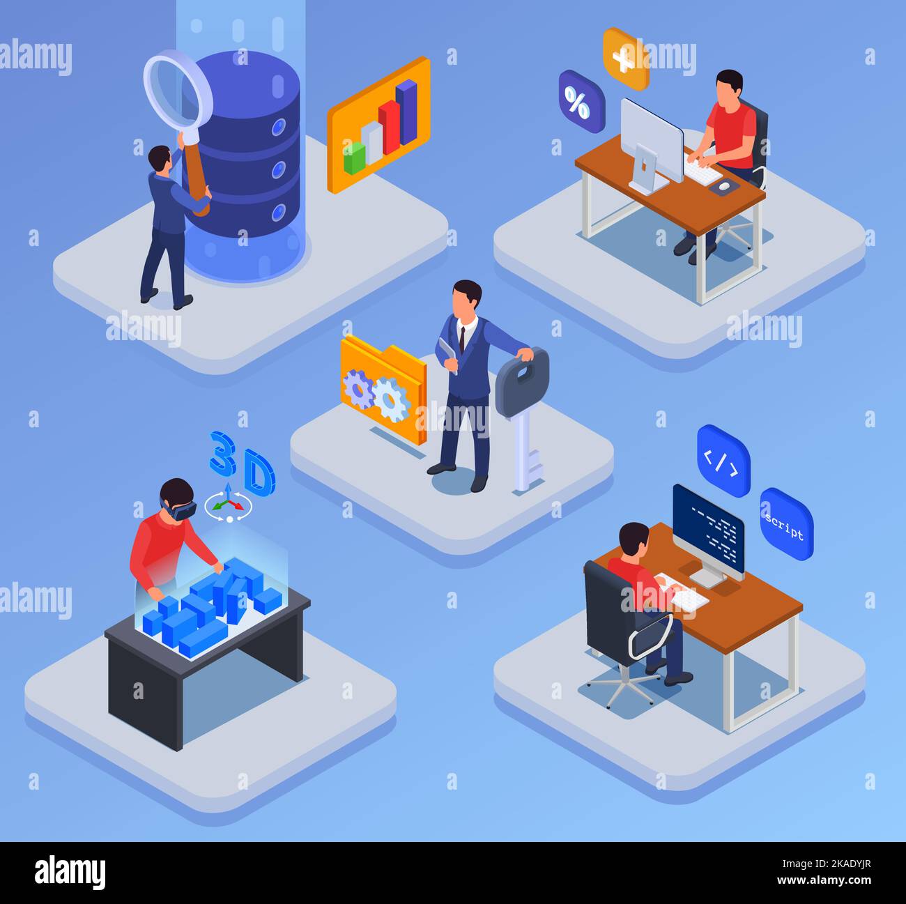 Modern future professtions isometric concepts set with data engineer programmer and 3d designer ...
