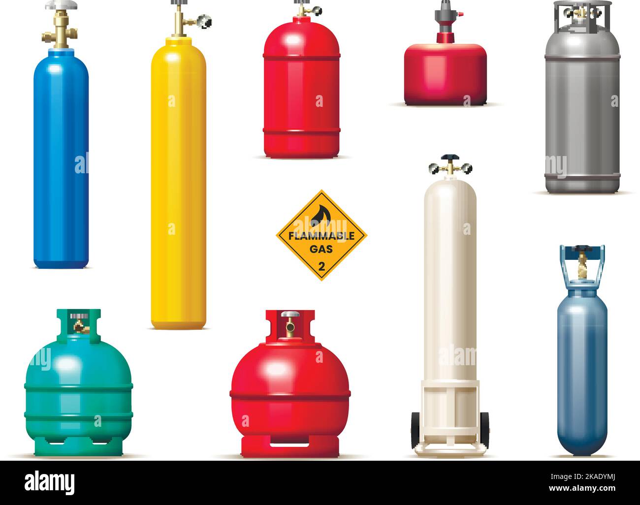 Gas cylinders and tanks realistic set with flammable gas symbols ...