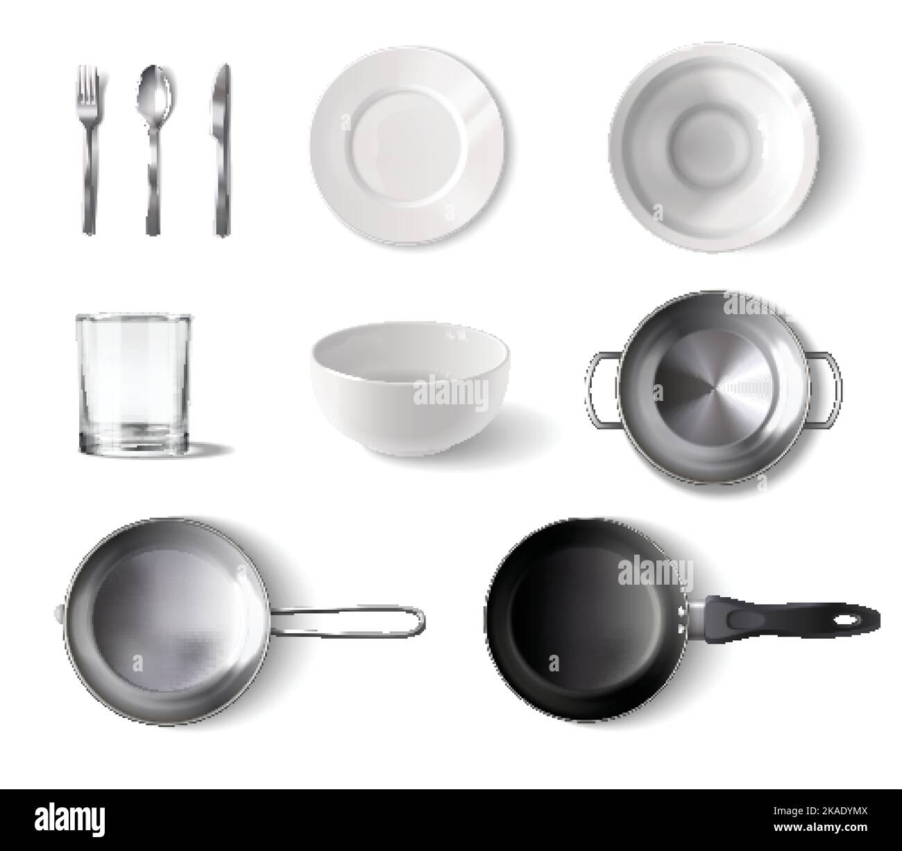 Dishware realistic set with clean plate bowl frying pan saucepan glass ...