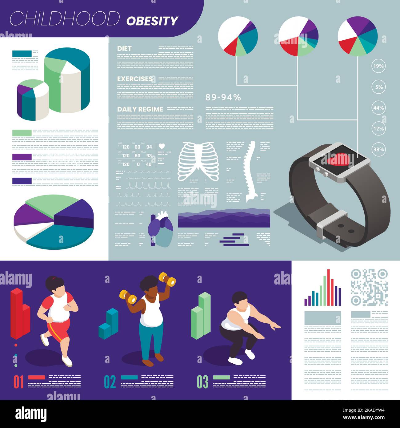 Childhood obesity infographic set with daily regime symbols isometric ...