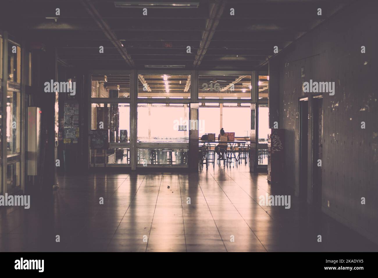 A back view of a person sitting around a table in cafeteria Stock Photo ...