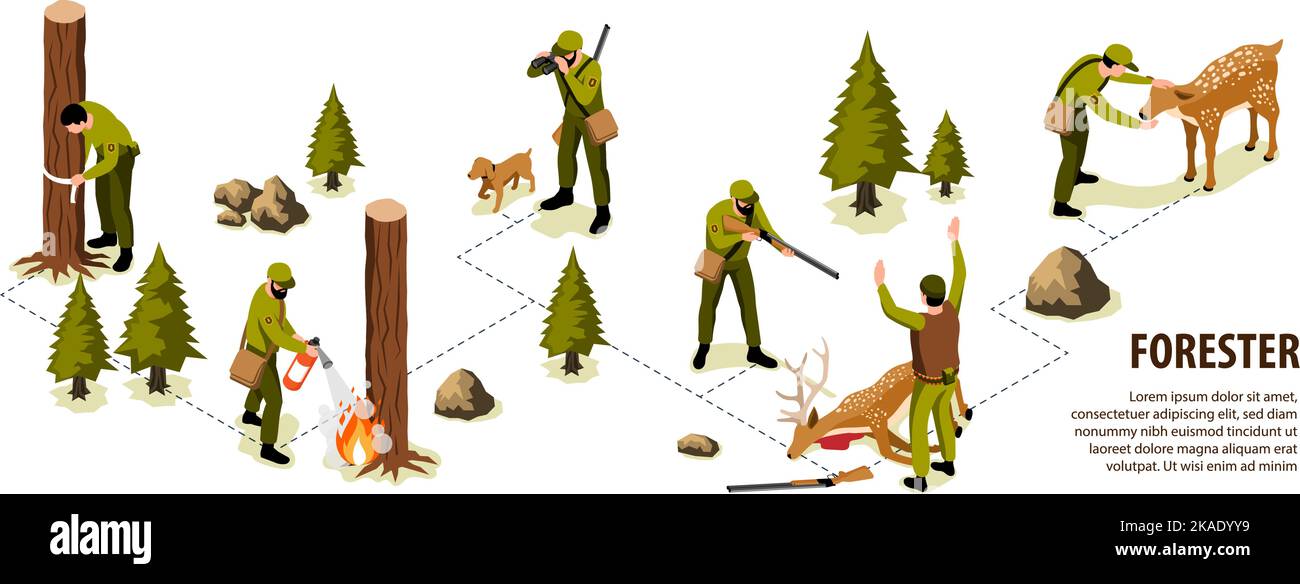 Isometric forester and forest ranger infographics with tree and animals ...