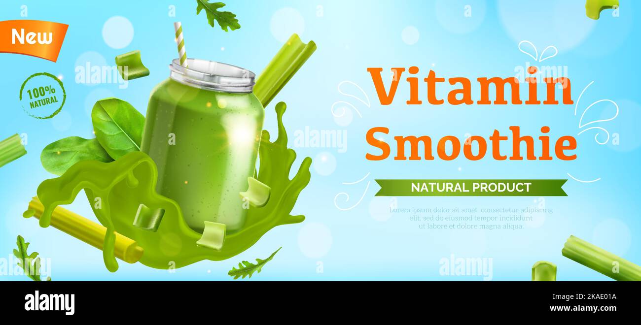 Realistic celery ads horizontal colored poster with vitamin smoothie ...