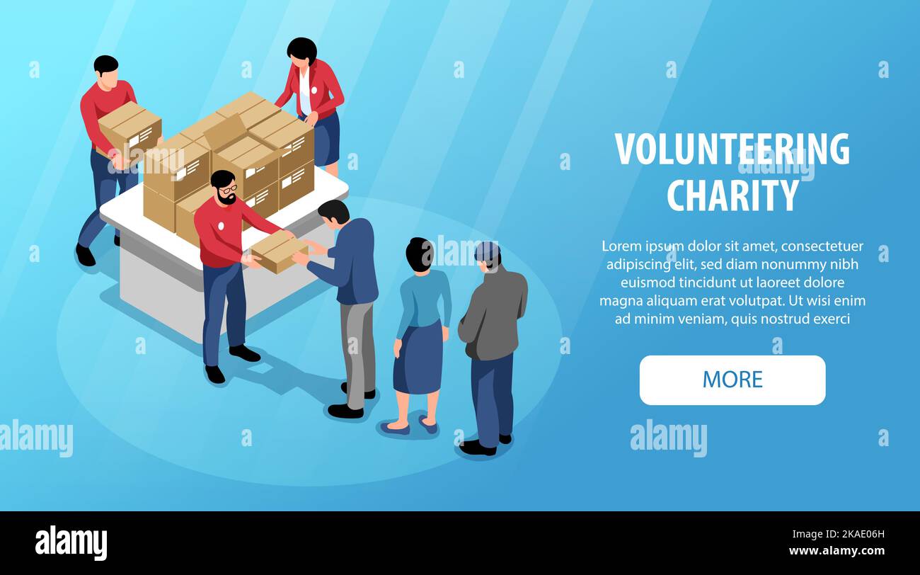 Charity isometric horizontal banner with volunteers giving humanitarian ...