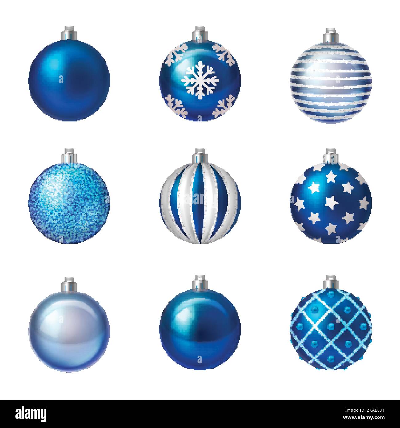 Realistic set of shiny blue and white christmas balls with various ...