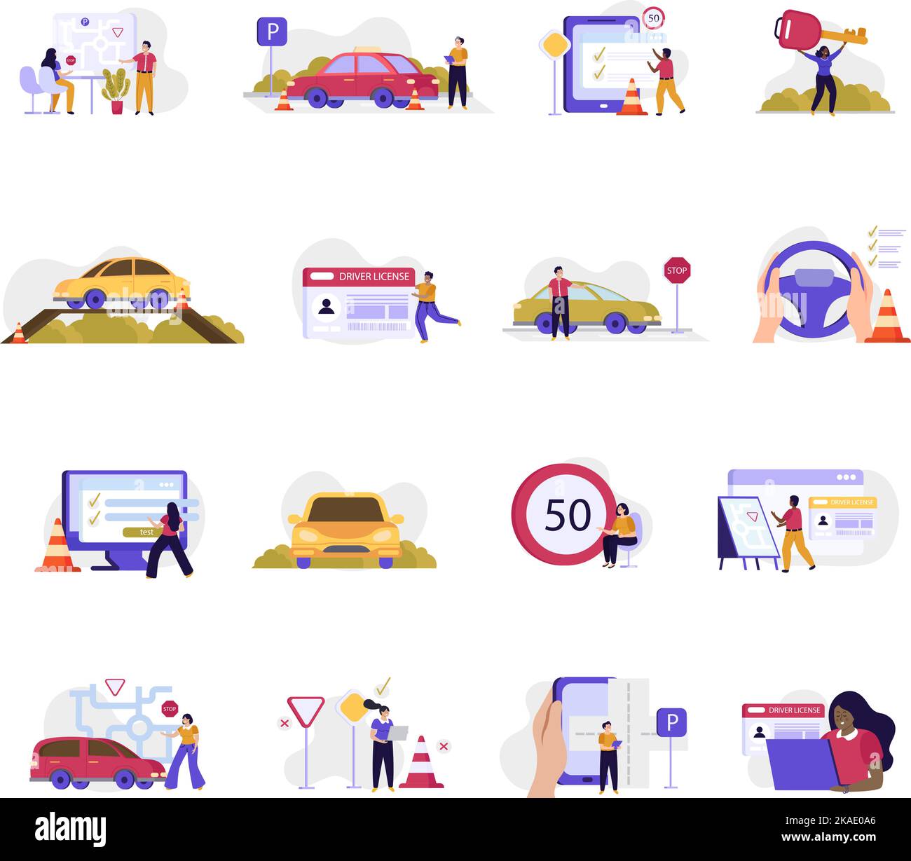 Driving school flat icon with signs car steering wheel in hand exams ...