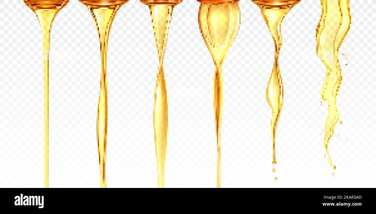 Oil flow realistic set with isolated vertical streams of yellow liquid ...