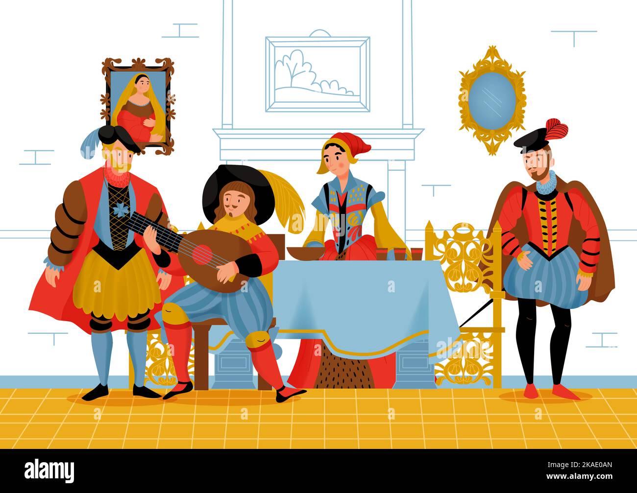 Renaissance old colored composition people in interior of medieval ...