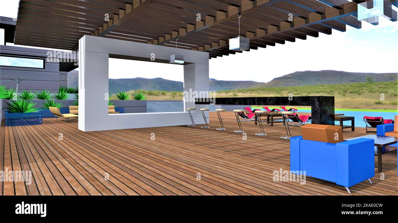 An empty space on a terrace board site next to a cozy patio and a ...