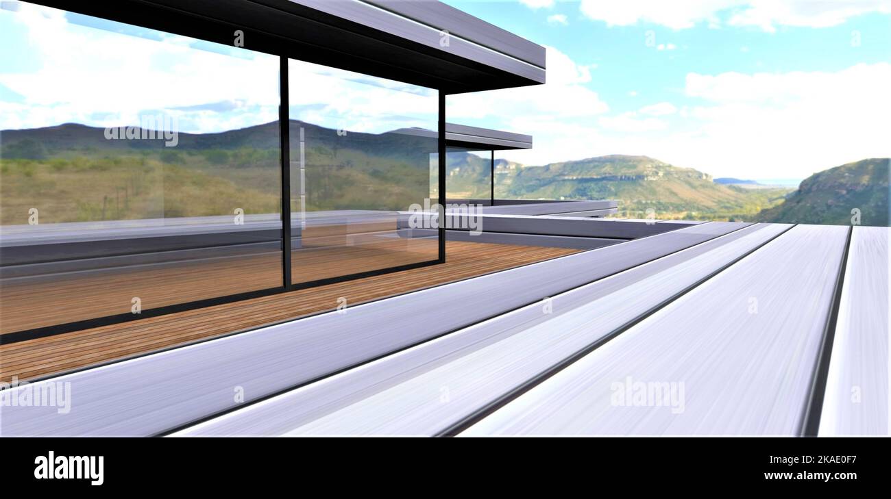 Futuristic balcony with a gorgeous view of the mountain landscape ...