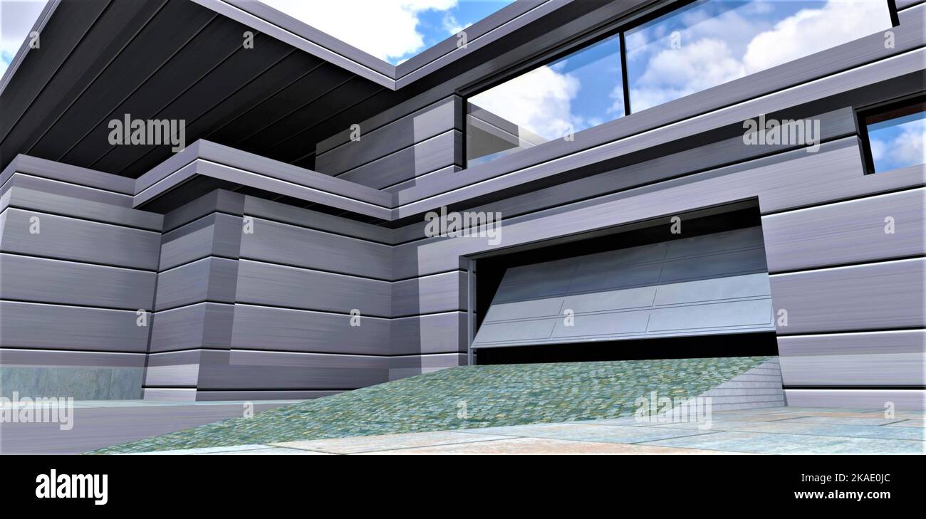 The metal gates of the garage are raised for the exit of the car. The ...
