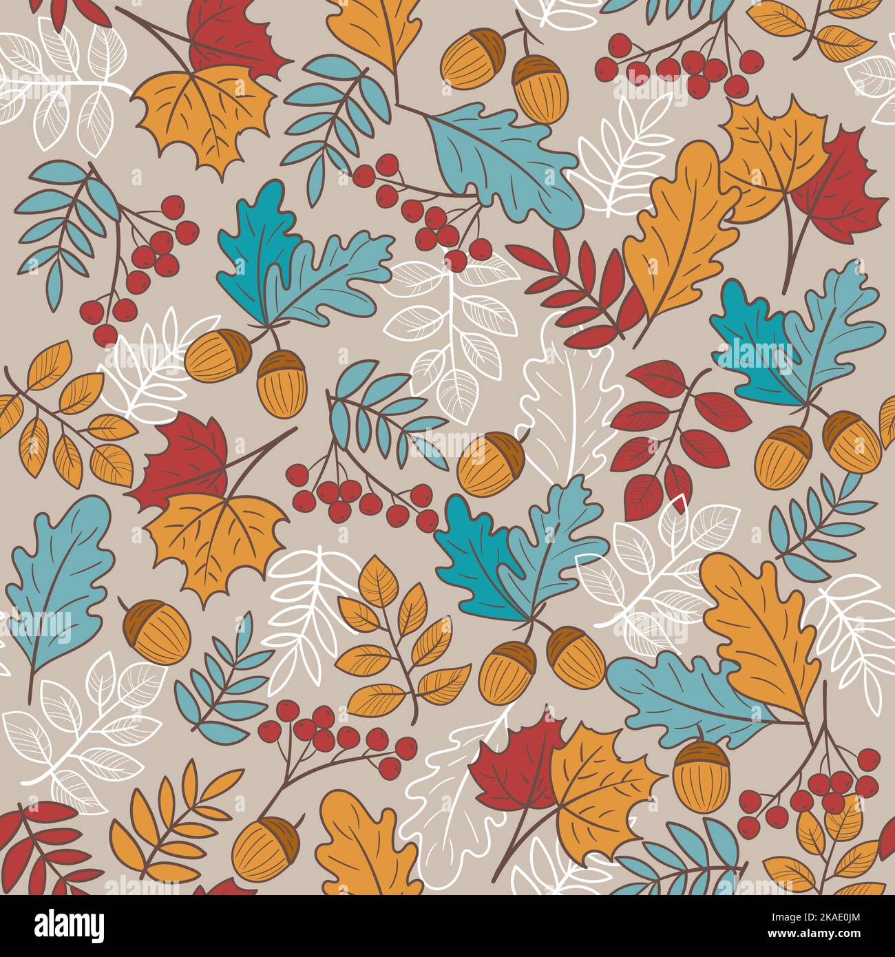 Seamless pattern autumn elements. Leaves, rowan, acorns. Modern endless pattern in pastel colors ...