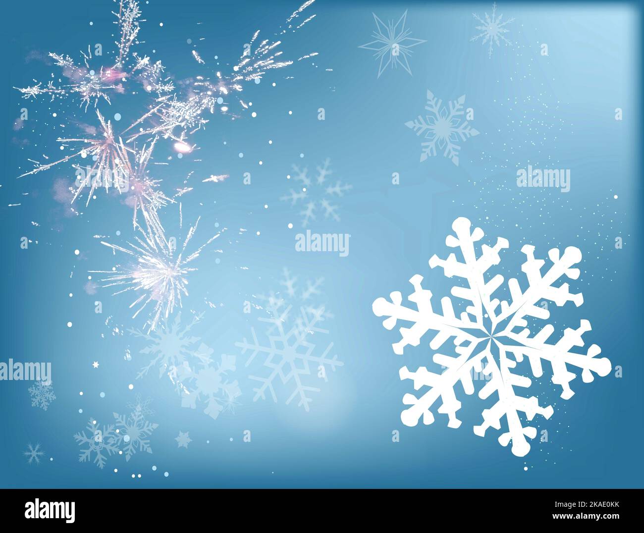 A large snowflake surounded with smaller falling snowflakes and ...