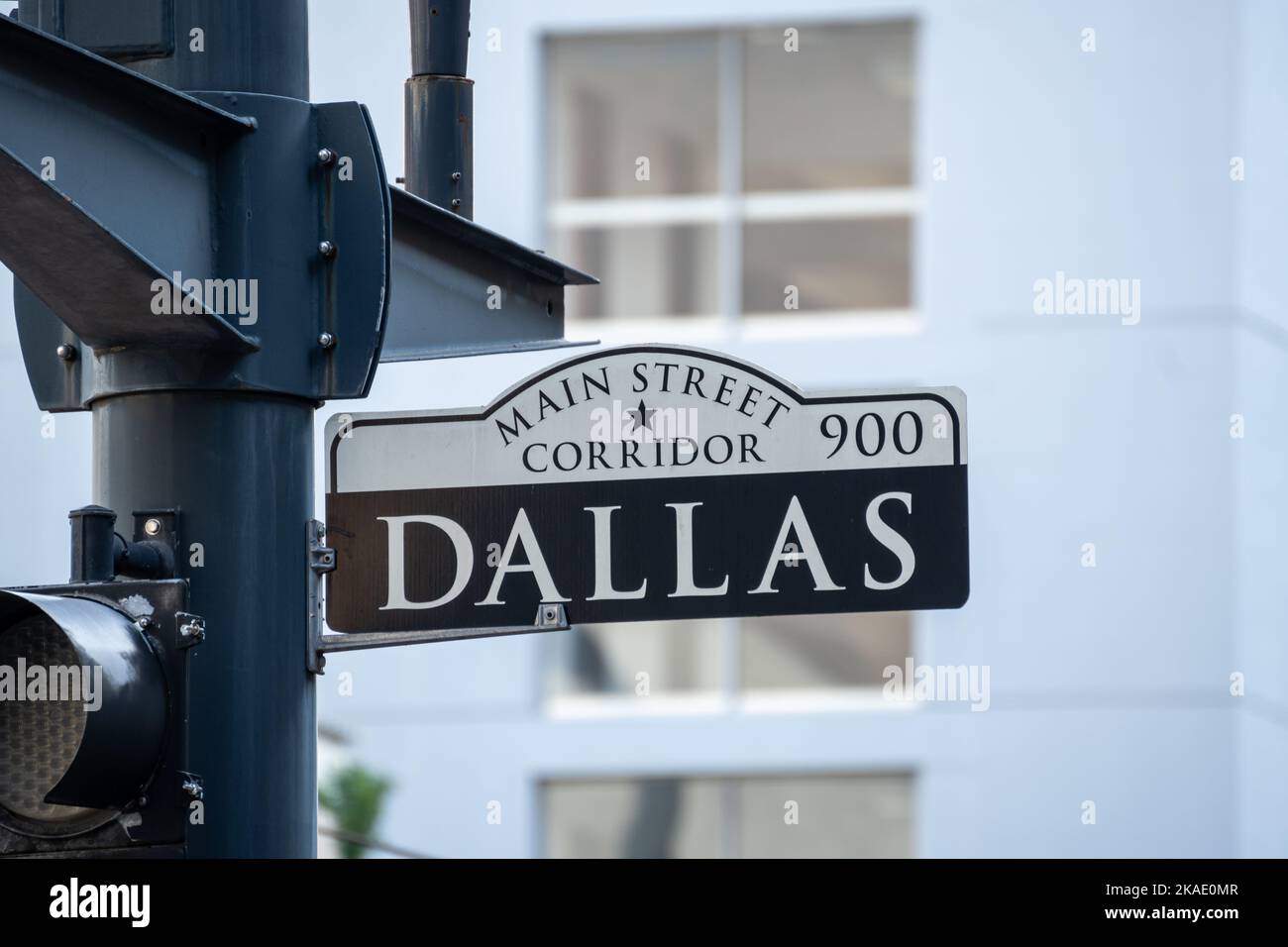 A "Dallas" street sign in Downtown Houston, Texas in a blurred ...