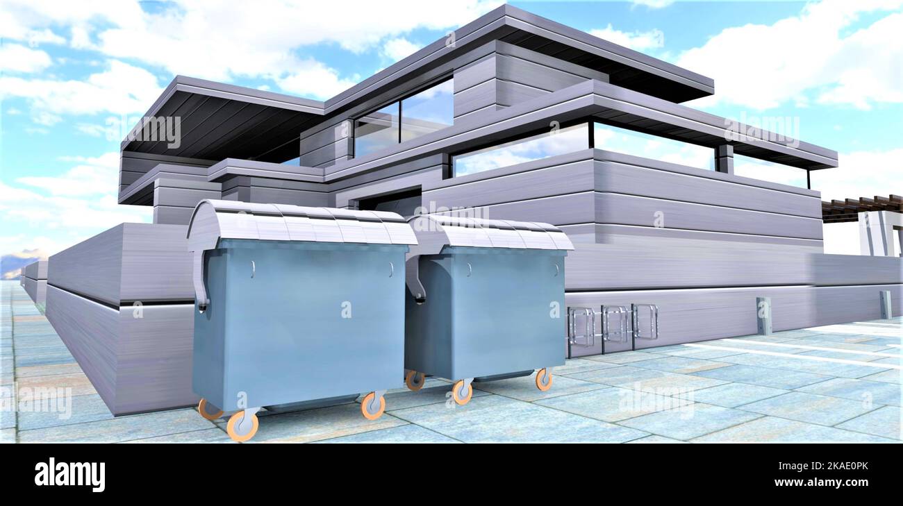 Two zinc industrial waste containers on rectangular concrete slab ...