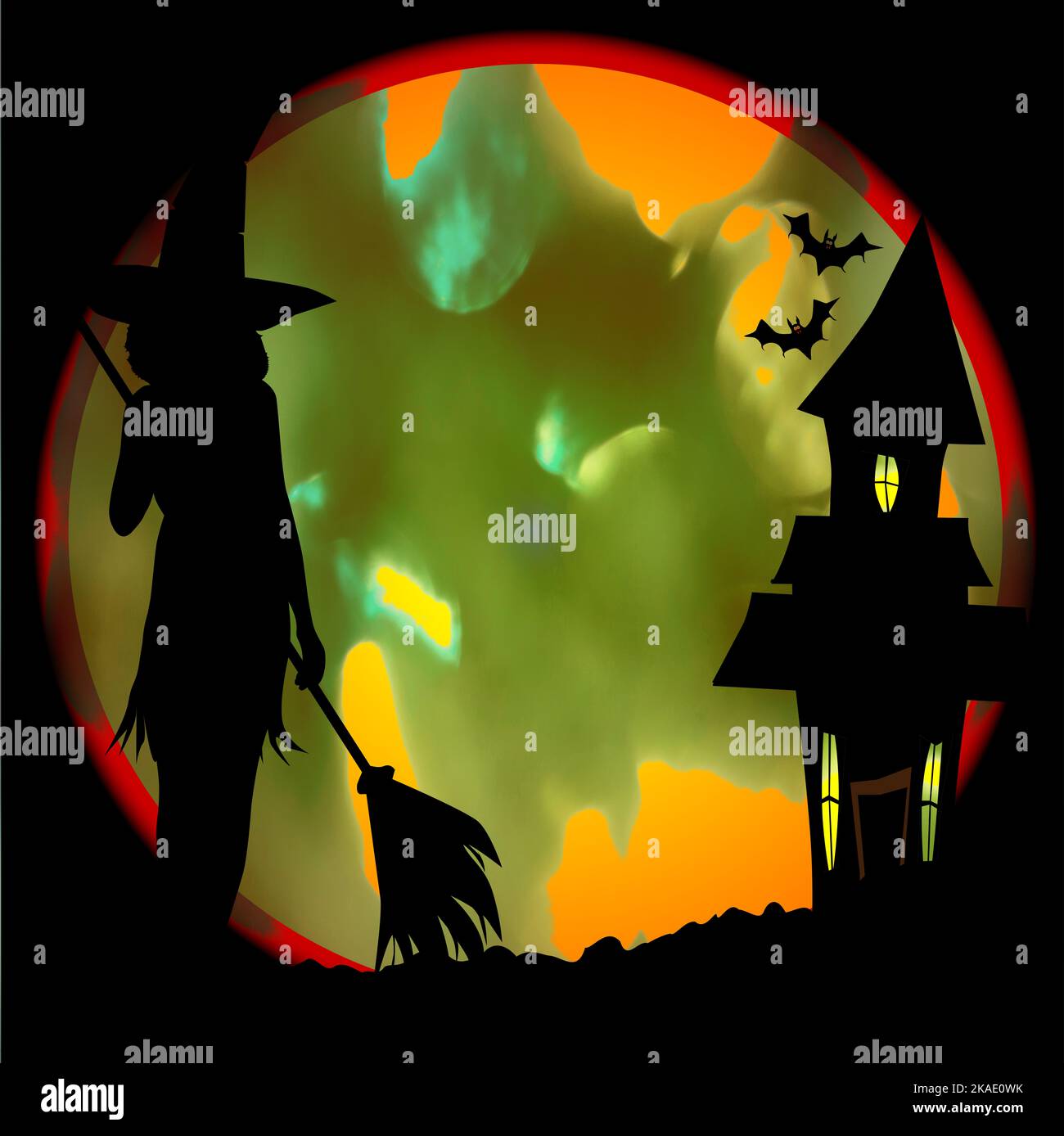 Eirie halloween scene with moon and witches house over a dark sky Stock ...