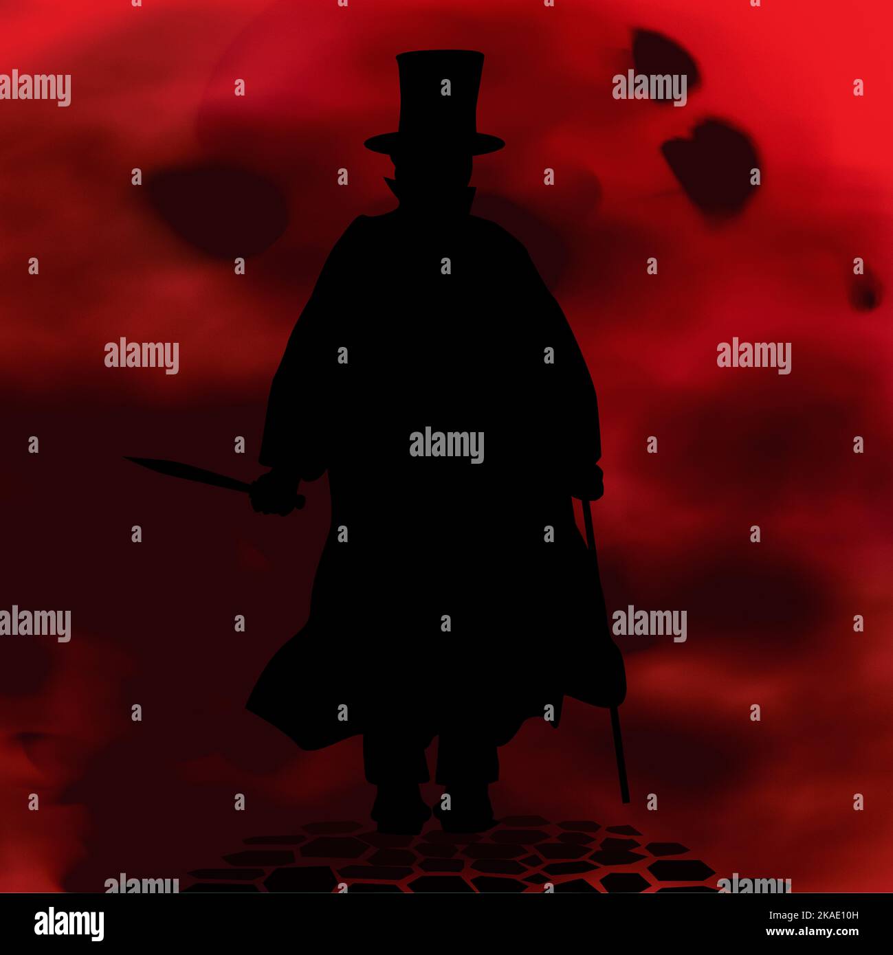Jack the Ripper on the cobble streets of London set on a dark red ...