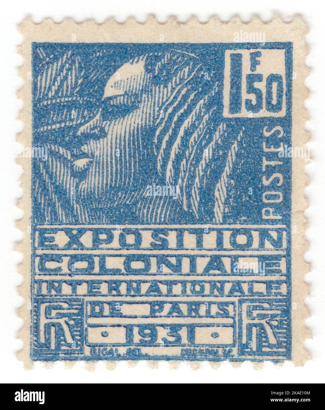 FRANCE - 1930: An 1,50 franc deep blue postage stamp depicting Fachi ...
