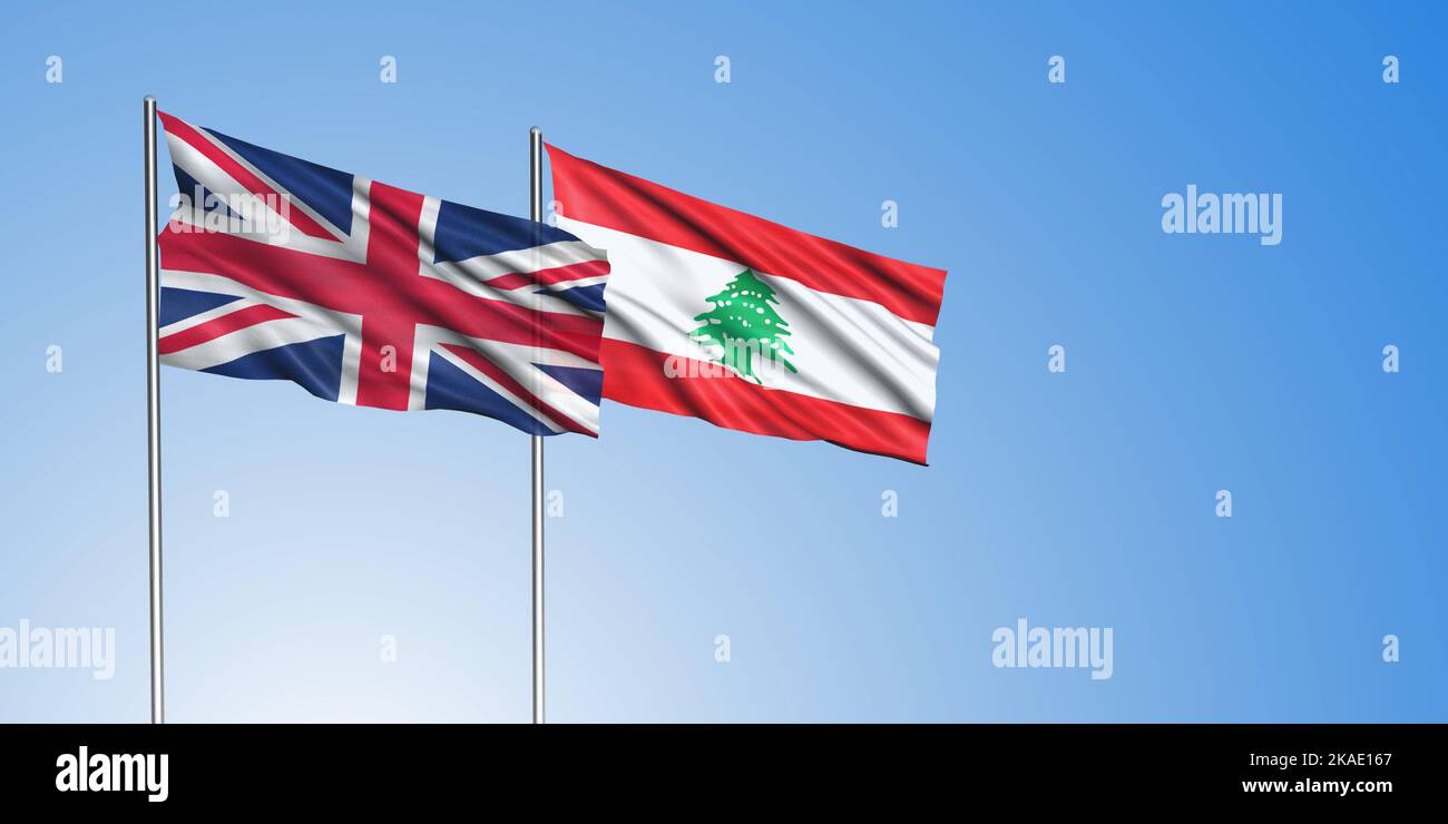 United Kingdom flag and Lebanon flag, with blue sky Stock Photo - Alamy