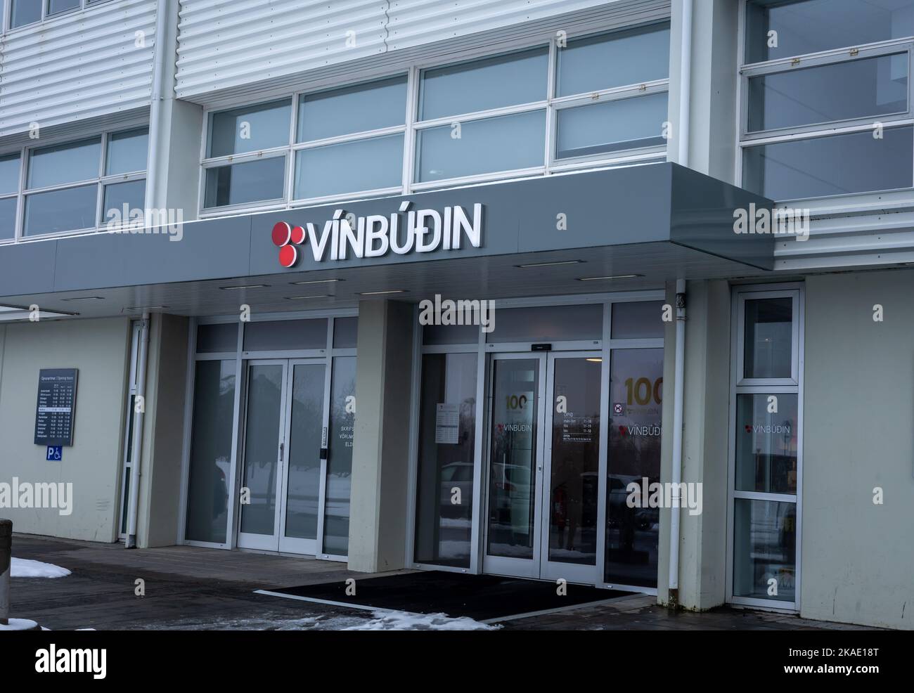 Reykjavik, Iceland - March 22, 2022: Entrance to Vinbudin alcohol store ...