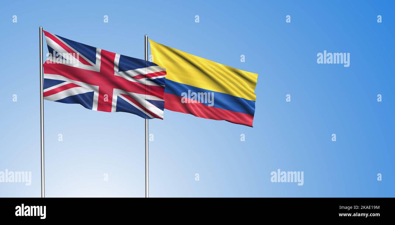 United Kingdom flag and Colombia flag, with blue sky Stock Photo - Alamy