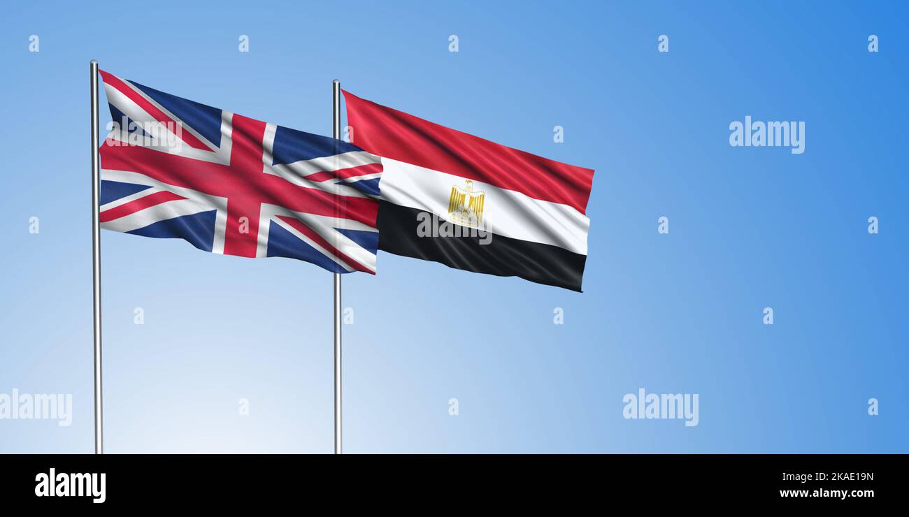 United Kingdom flag and Egypt flag, with blue sky Stock Photo - Alamy