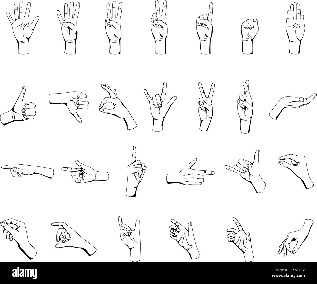 Human hands gestures flat set with isolated outlines of black and white ...