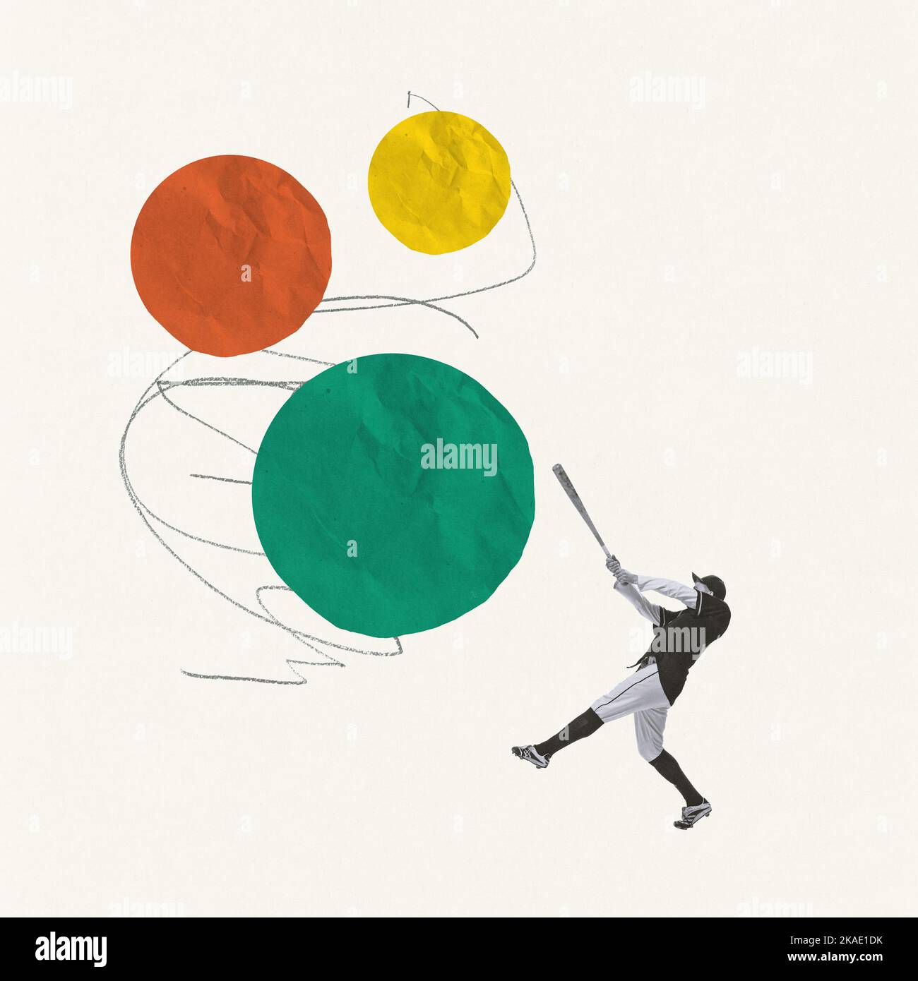 Creative design. Young man, baseball player, batter ready to hit drawn ...