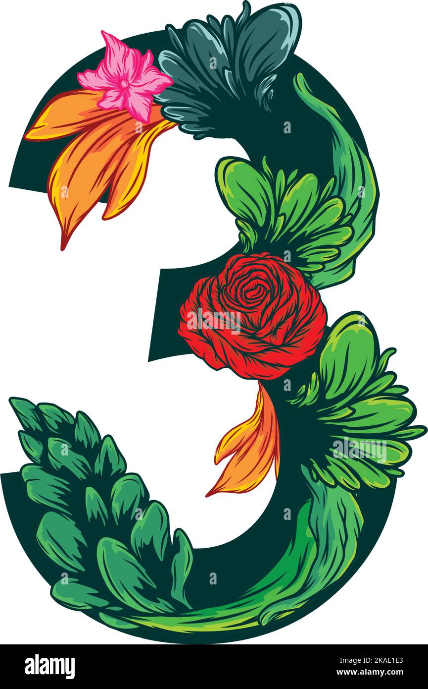 The number three with floral pattern isolated on white background ...