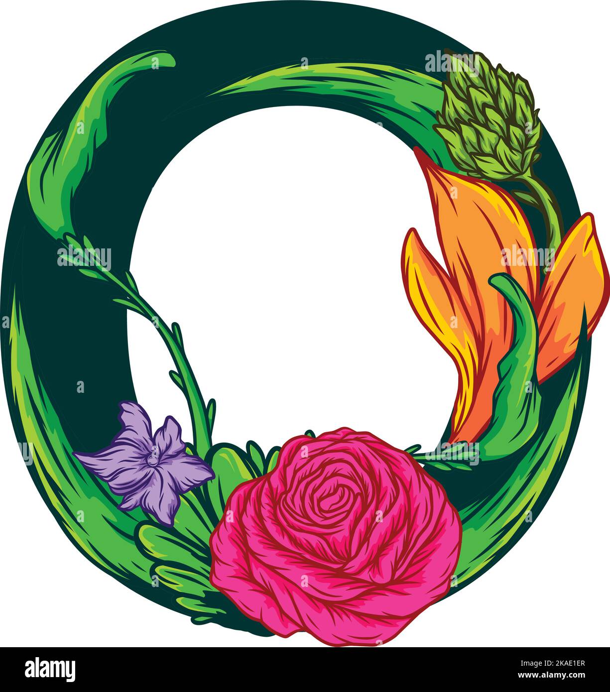 A vector of the capital O letter with green leaves and floral patterns ...