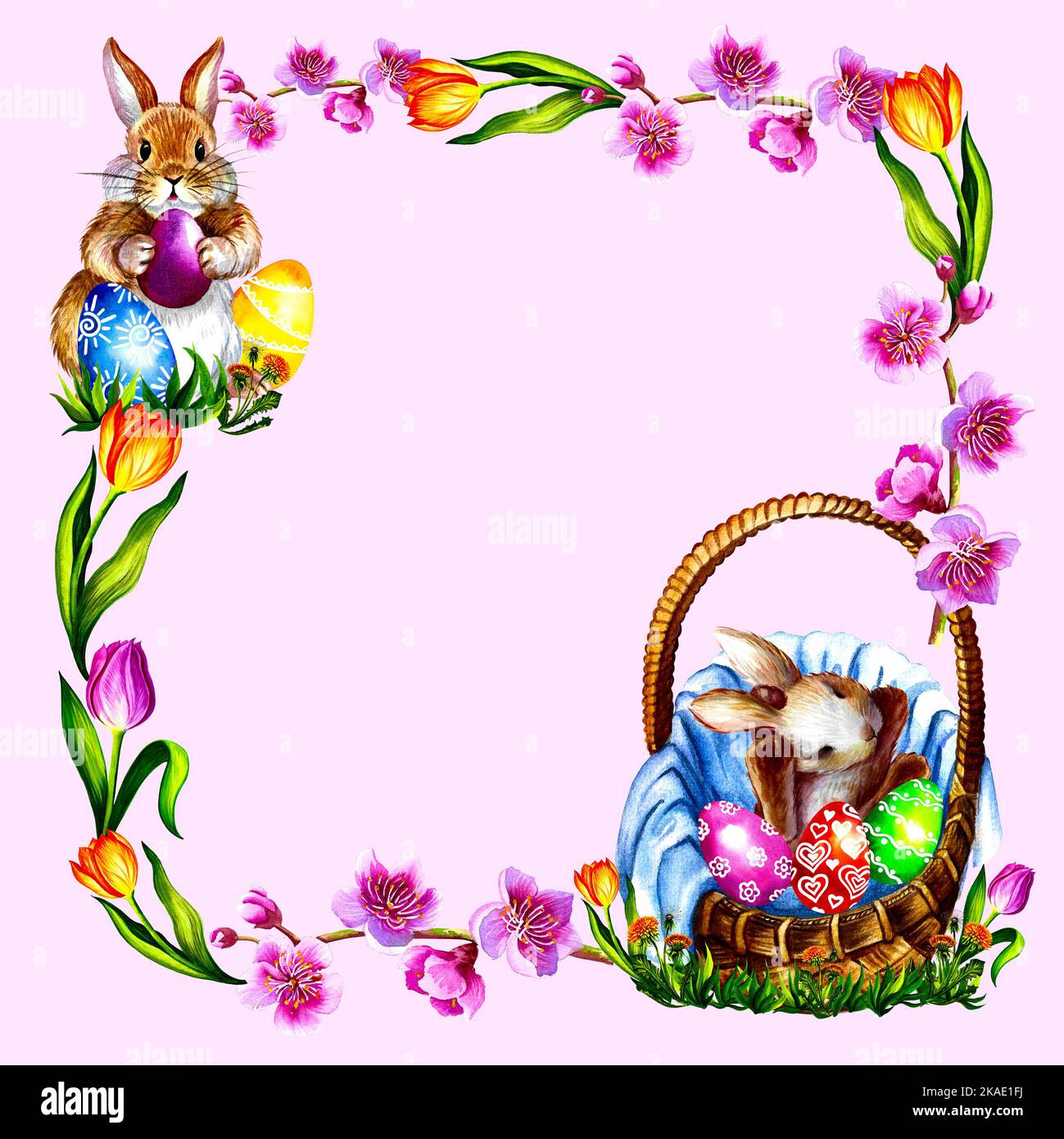 Easter watercolor frame with bunnies, basket and flowers. On a pink ...