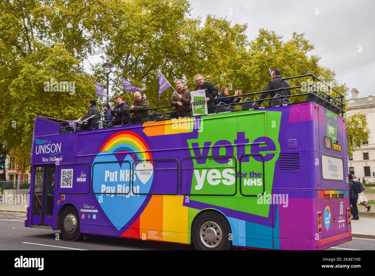 London, UK. 2nd November 2022. UNISON members drive around on a bus in ...