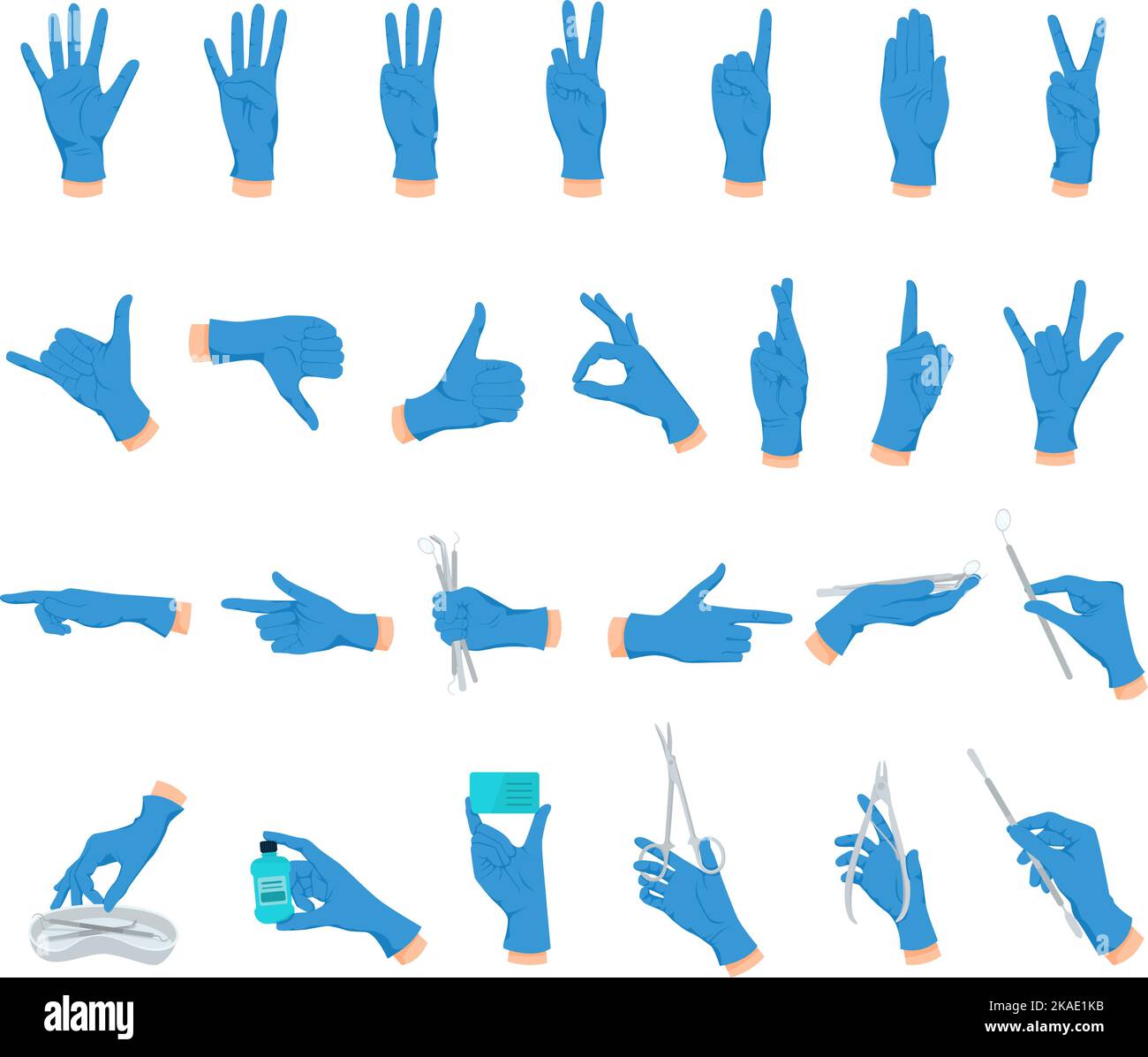 Human hands gestures flat set of isolated flourishes with hands wearing blue gloves holding ...