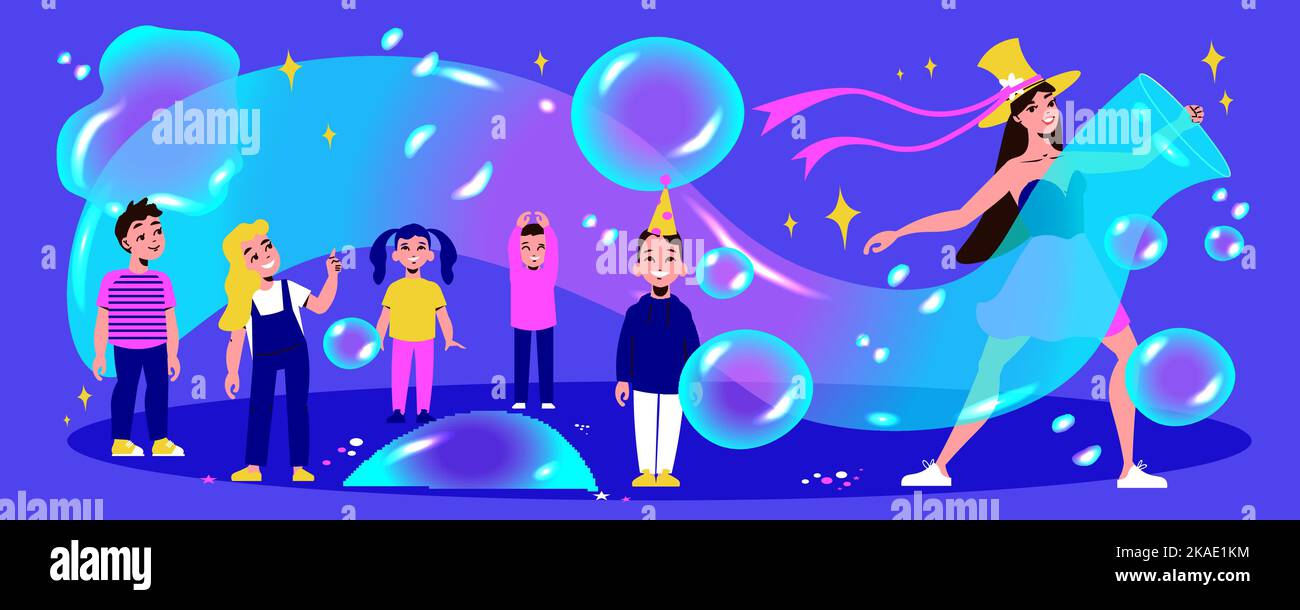 Children playing with artist making soap bubbles show flat vector ...