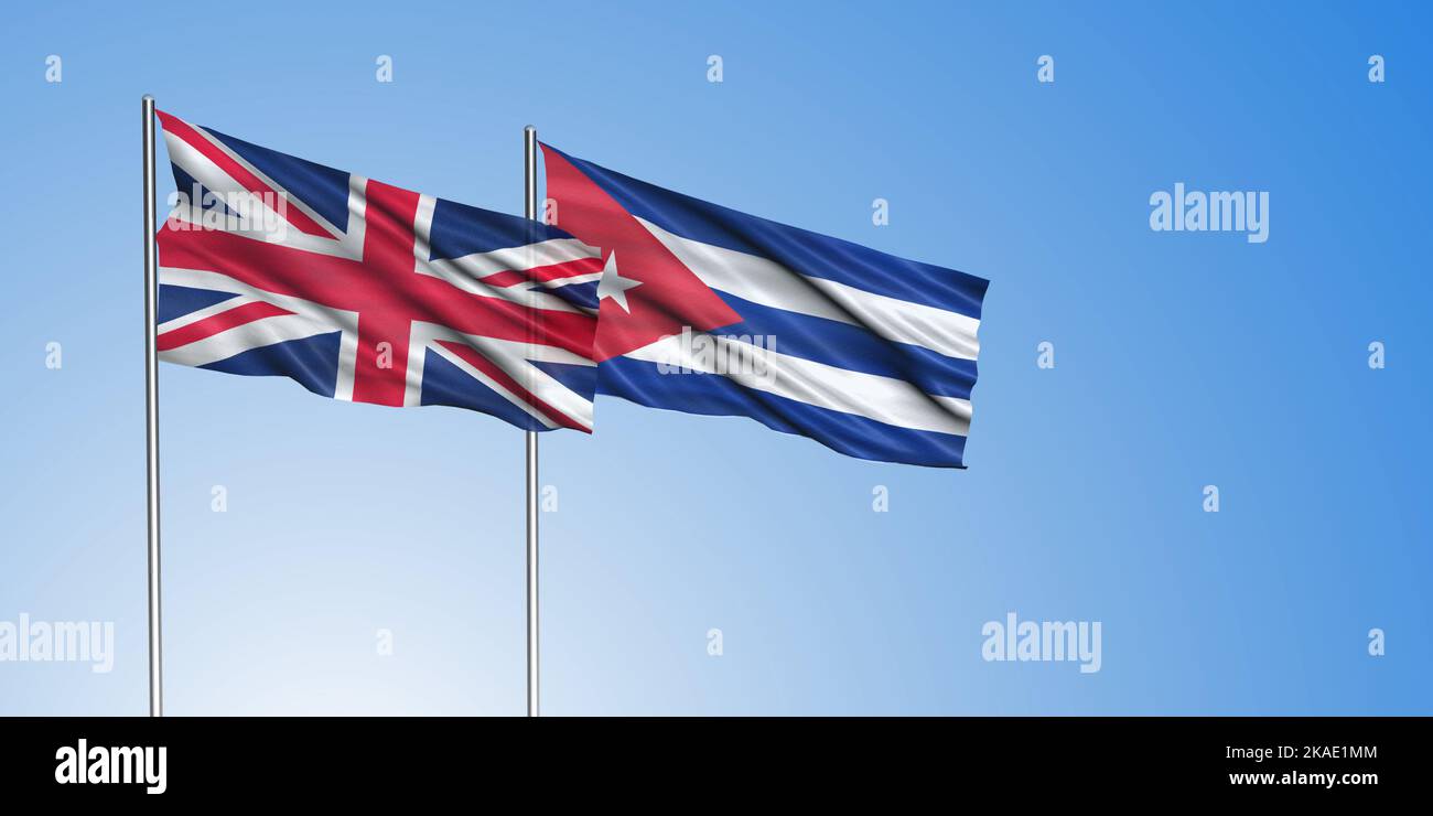 United Kingdom flag and Cuba flag, with blue sky Stock Photo - Alamy