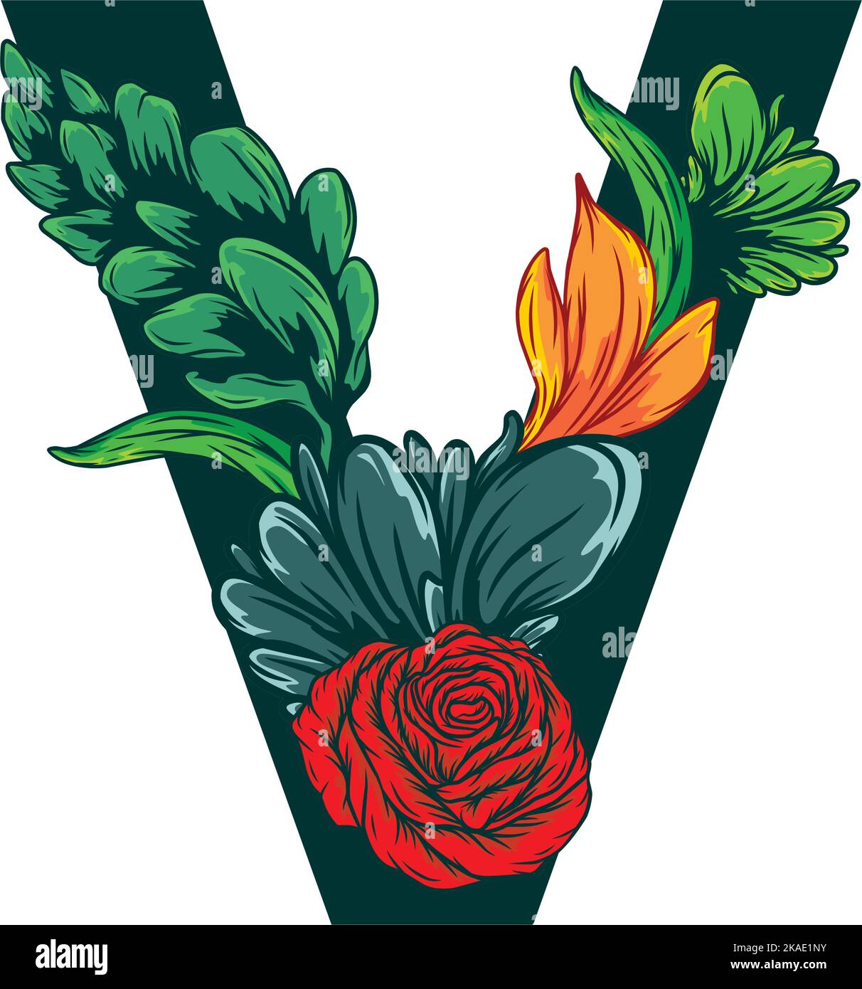 A vector of the capital V letter with green leaves and floral patterns ...